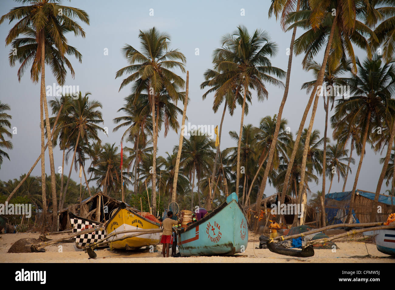 Palm trees and fishing boats on Colva Beach in India Stock Photo - Alamy