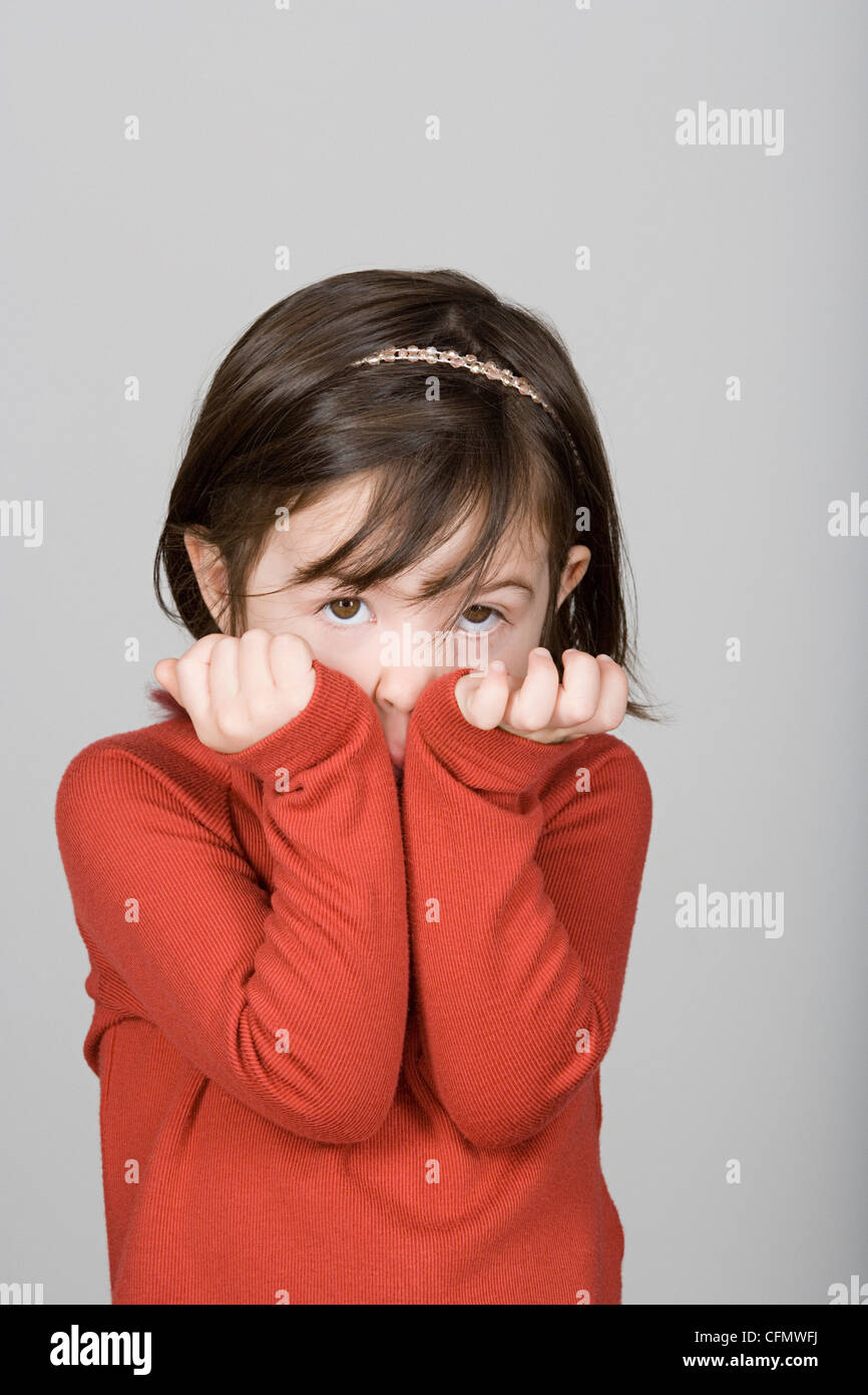 Studio shot portrait of girl, waist up Stock Photo - Alamy