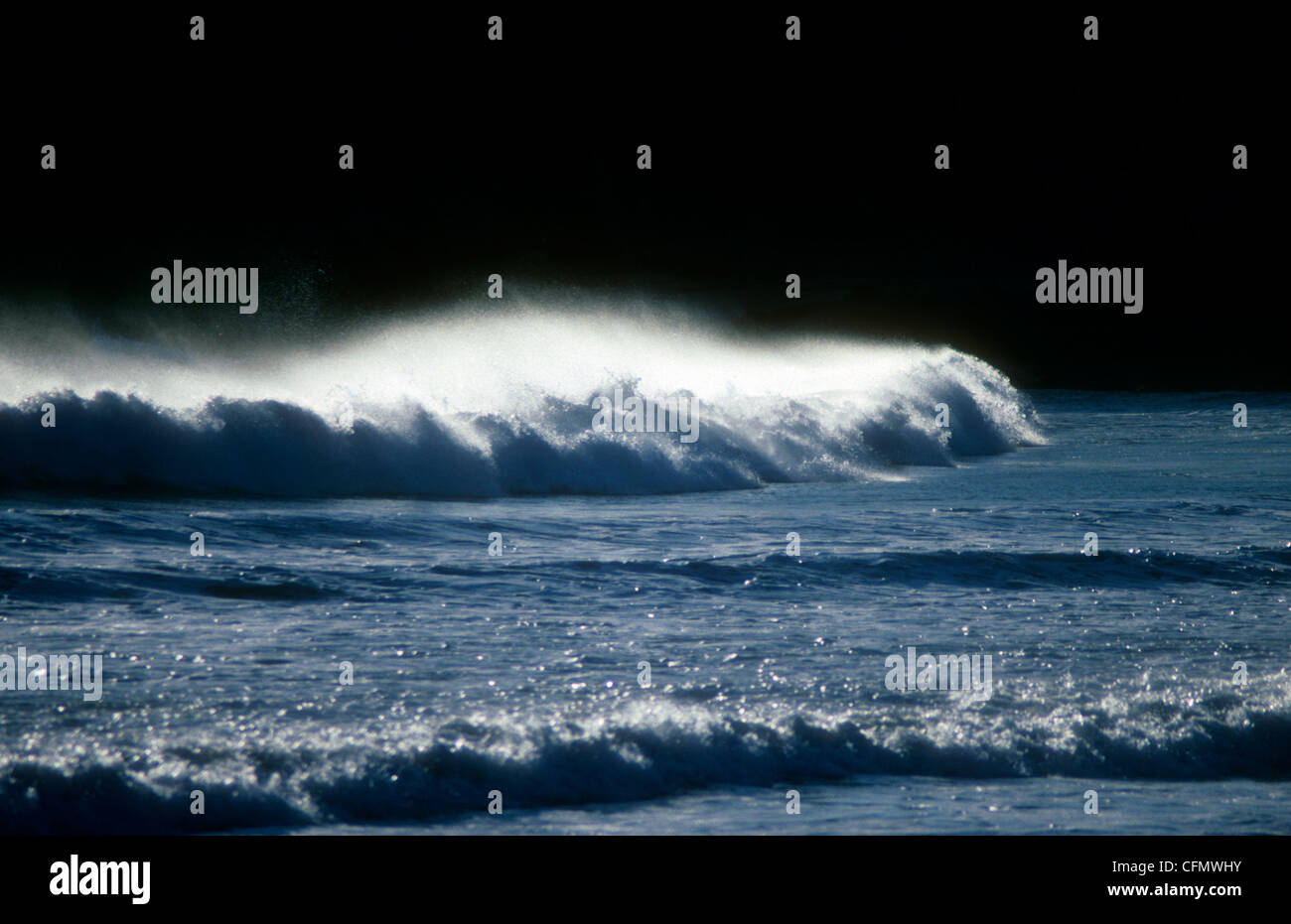 Sun catching wind-blown spray from the top of a breaking wave Stock ...