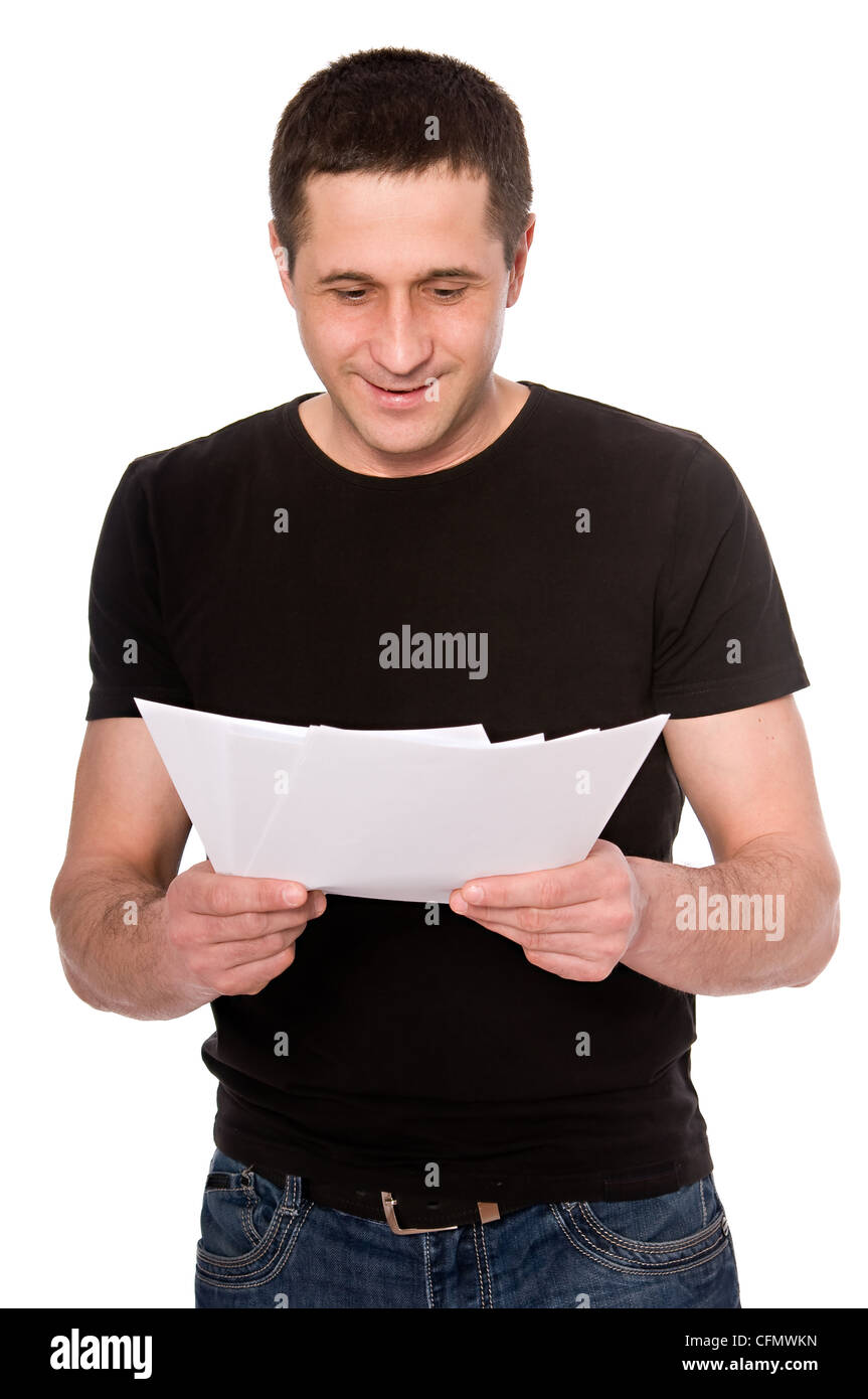 smiling man reading documents isolated on white background Stock Photo ...