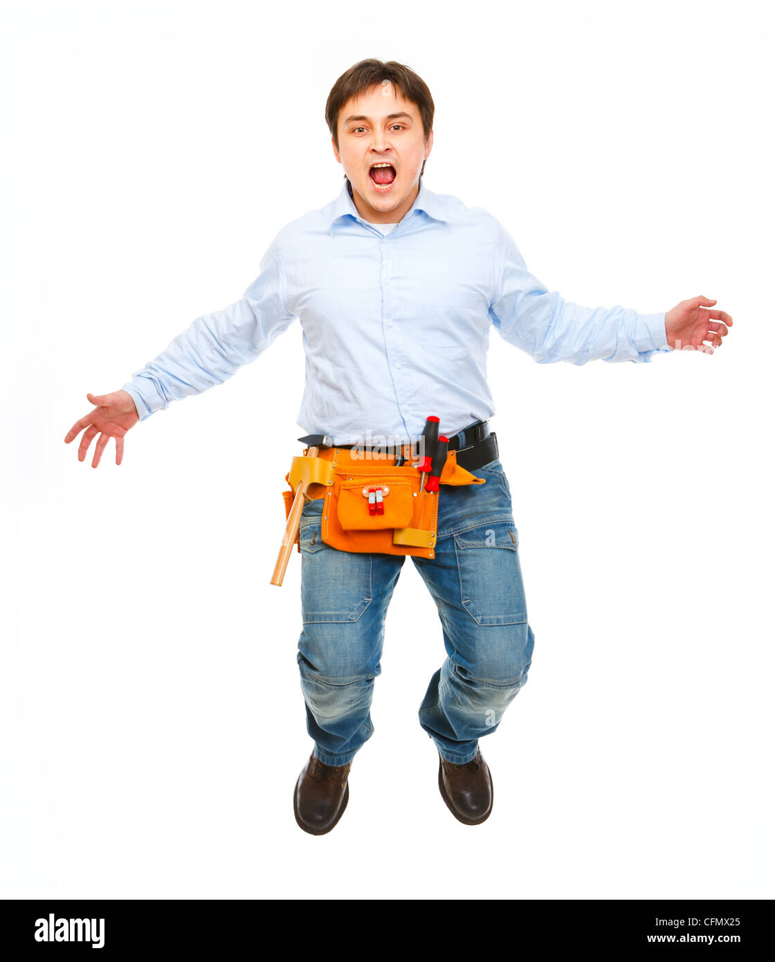 Shouting construction worker jumping Stock Photo - Alamy