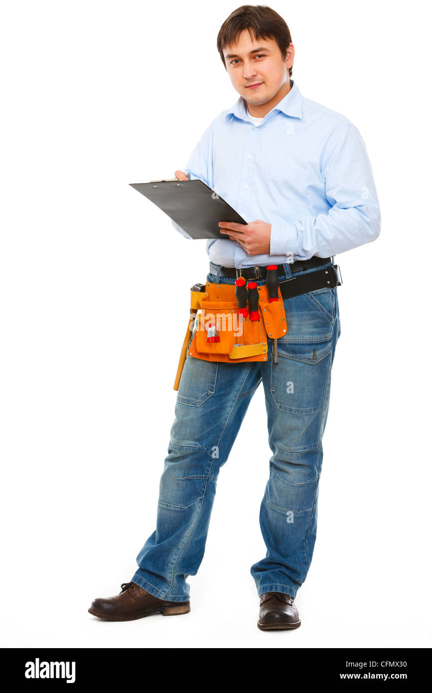 Full length portrait of construction worker with clipboard Stock Photo ...