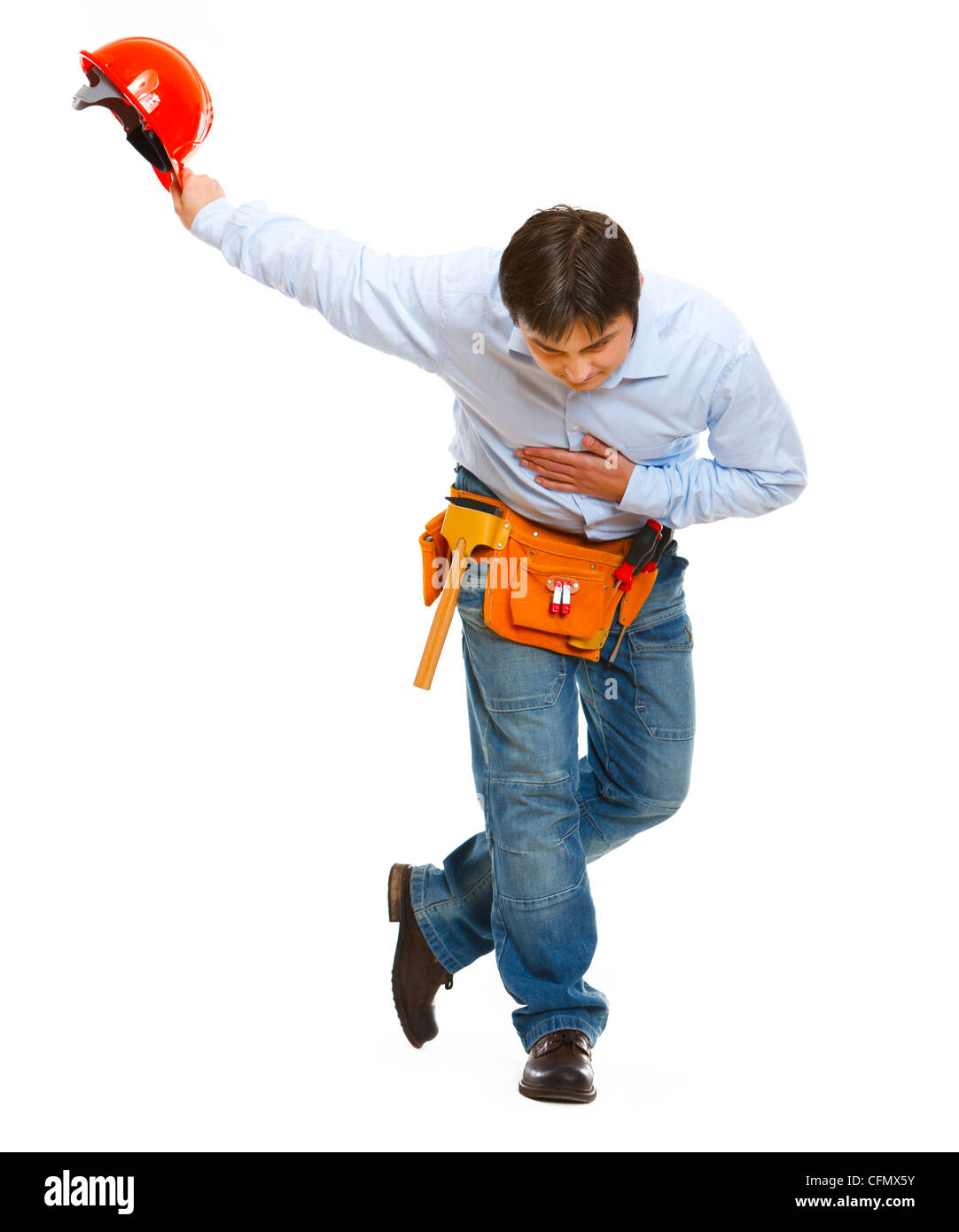 Construction worker bowing with helmet in hand Stock Photo - Alamy