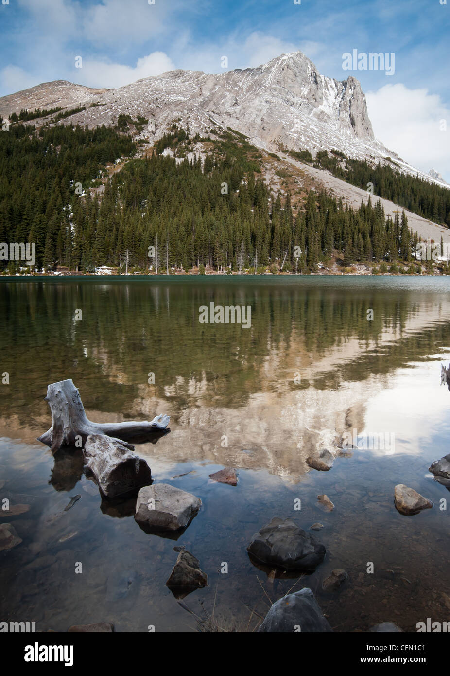 Reflection at Elbow Lake in the Canadian Rockies, Alberta, Canada Stock ...
