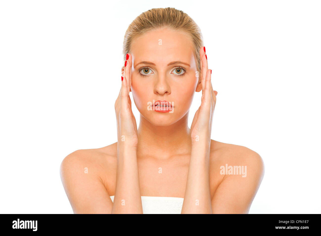 Portrait of beautiful young woman with hands near face isolated on ...