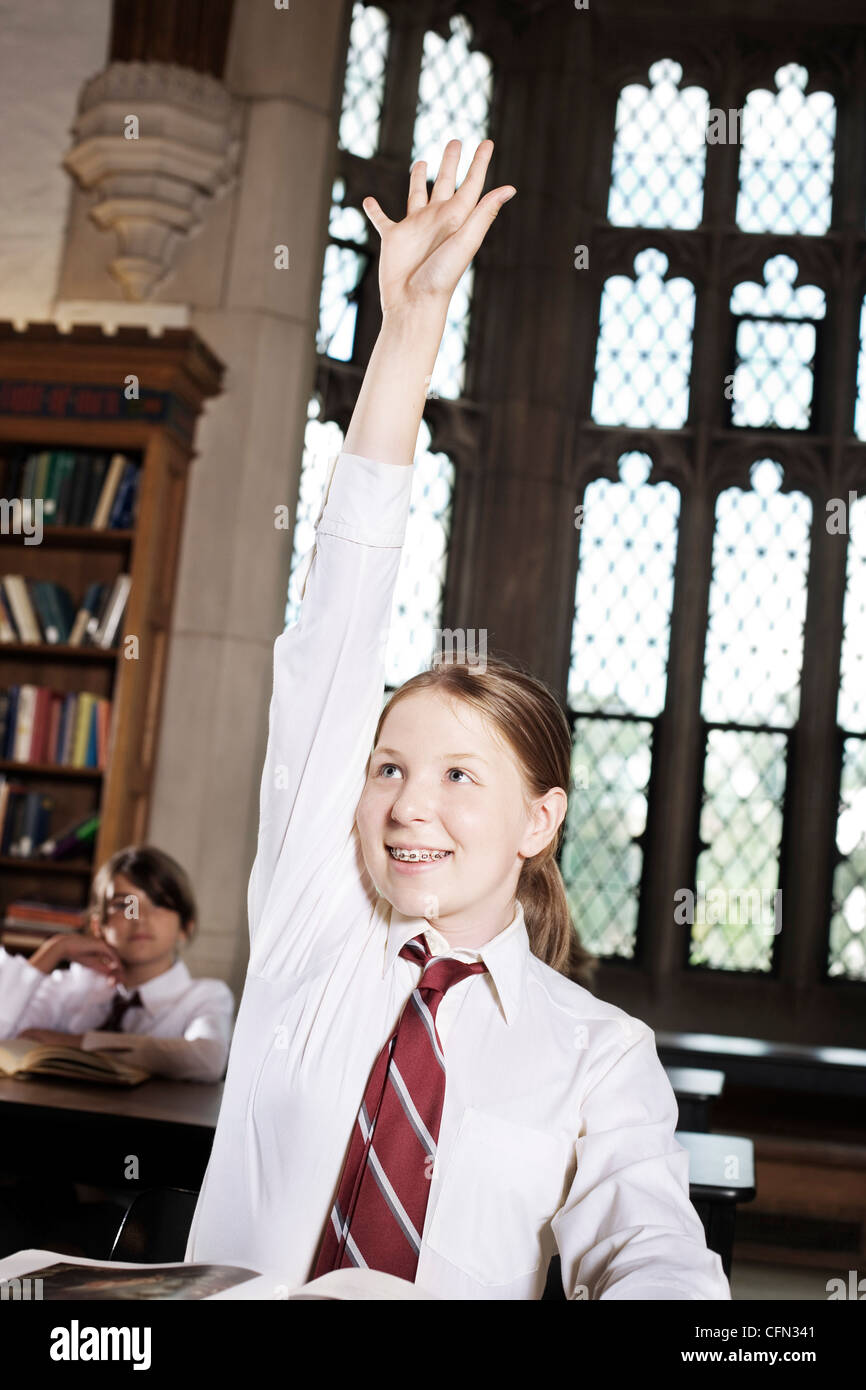 Student with Hand Up in Class Stock Photo - Alamy
