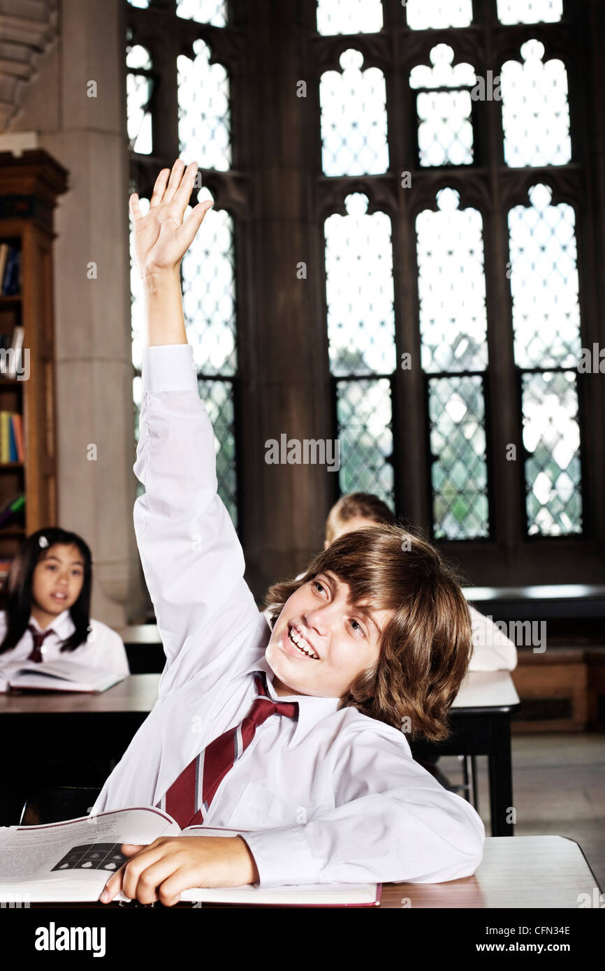 Student with Hand Up in Class Stock Photo - Alamy