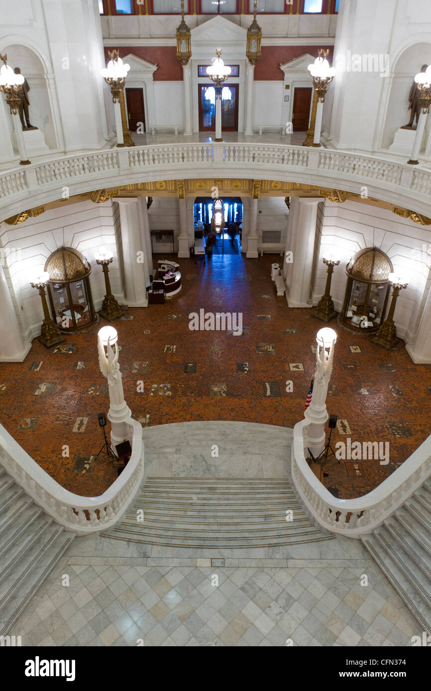 Curved stairway inside lobby of Pennsylvania state capitol building or ...