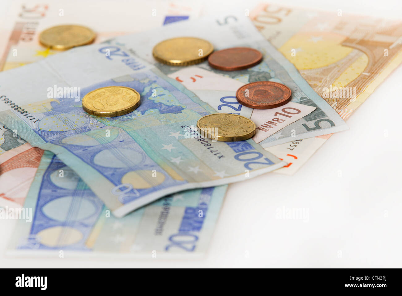 European paper currency and coins isolated on white background Stock ...