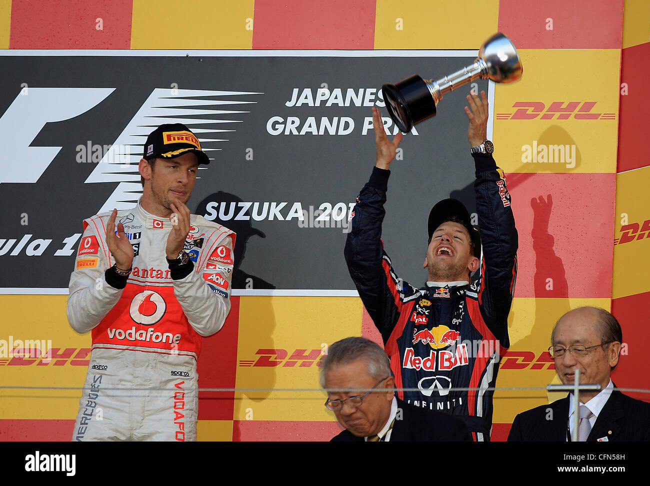 Race winner Jenson Button and World Champion Sebastian Vettel Formula 1 ...