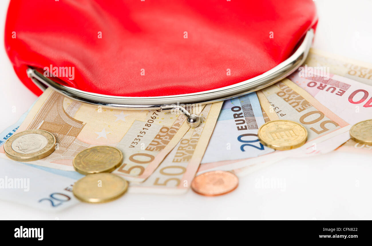 Red purse with euro paper money and change isolated on white background ...