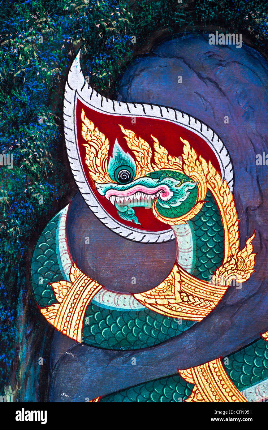 King Naga, Vintage traditional Thai style art painting on temple Stock ...