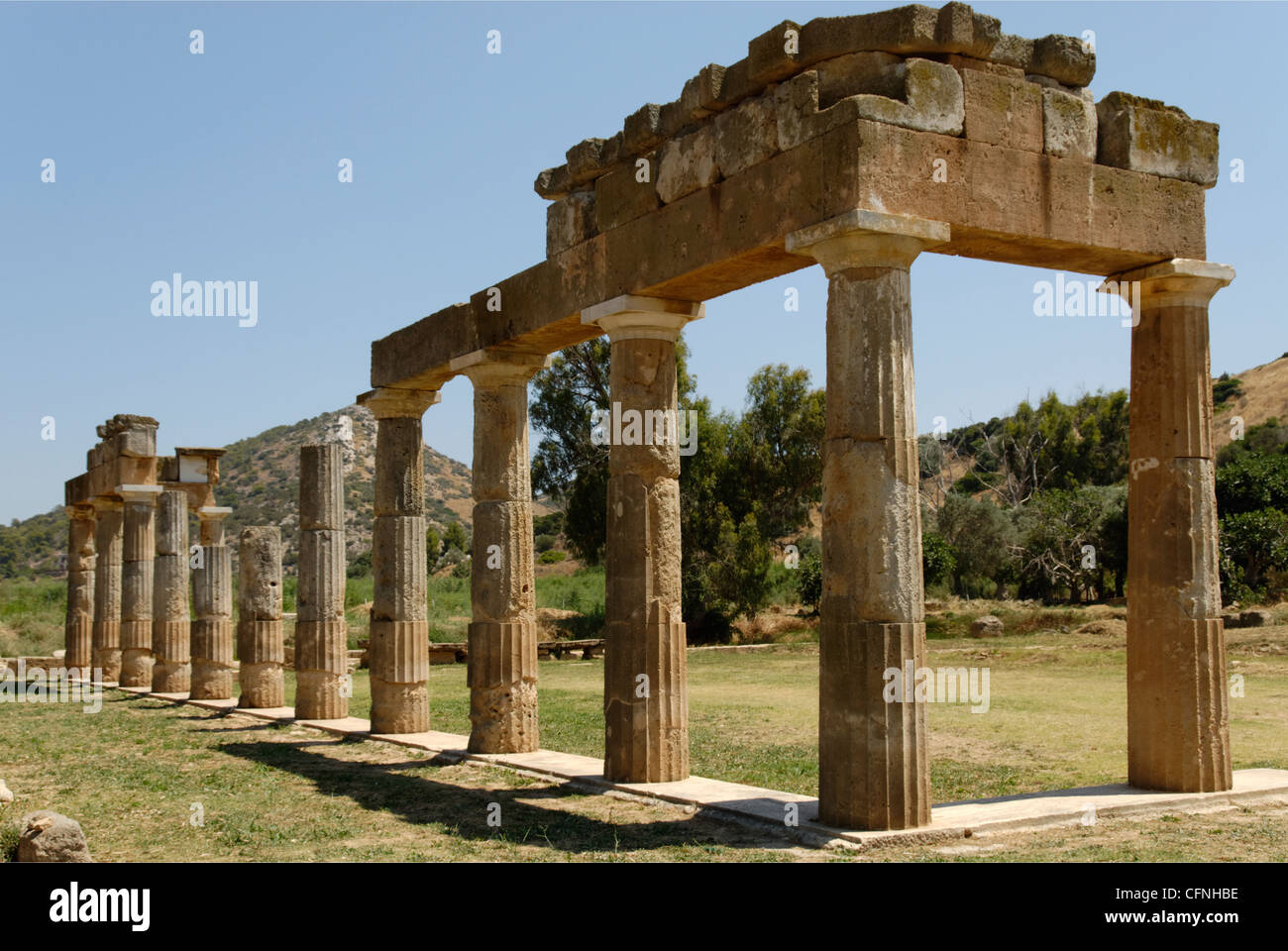 Vravrona. Greece. View of the re-erected Stoa colonnade at the ...
