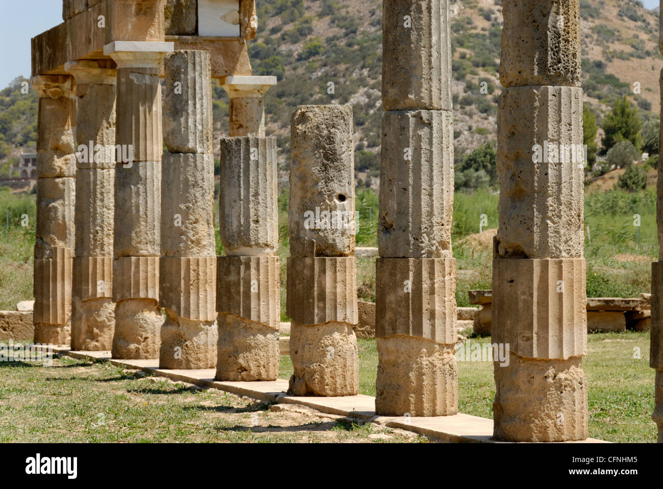 Vravrona. Greece. View of the re-erected Stoa colonnade at the ...