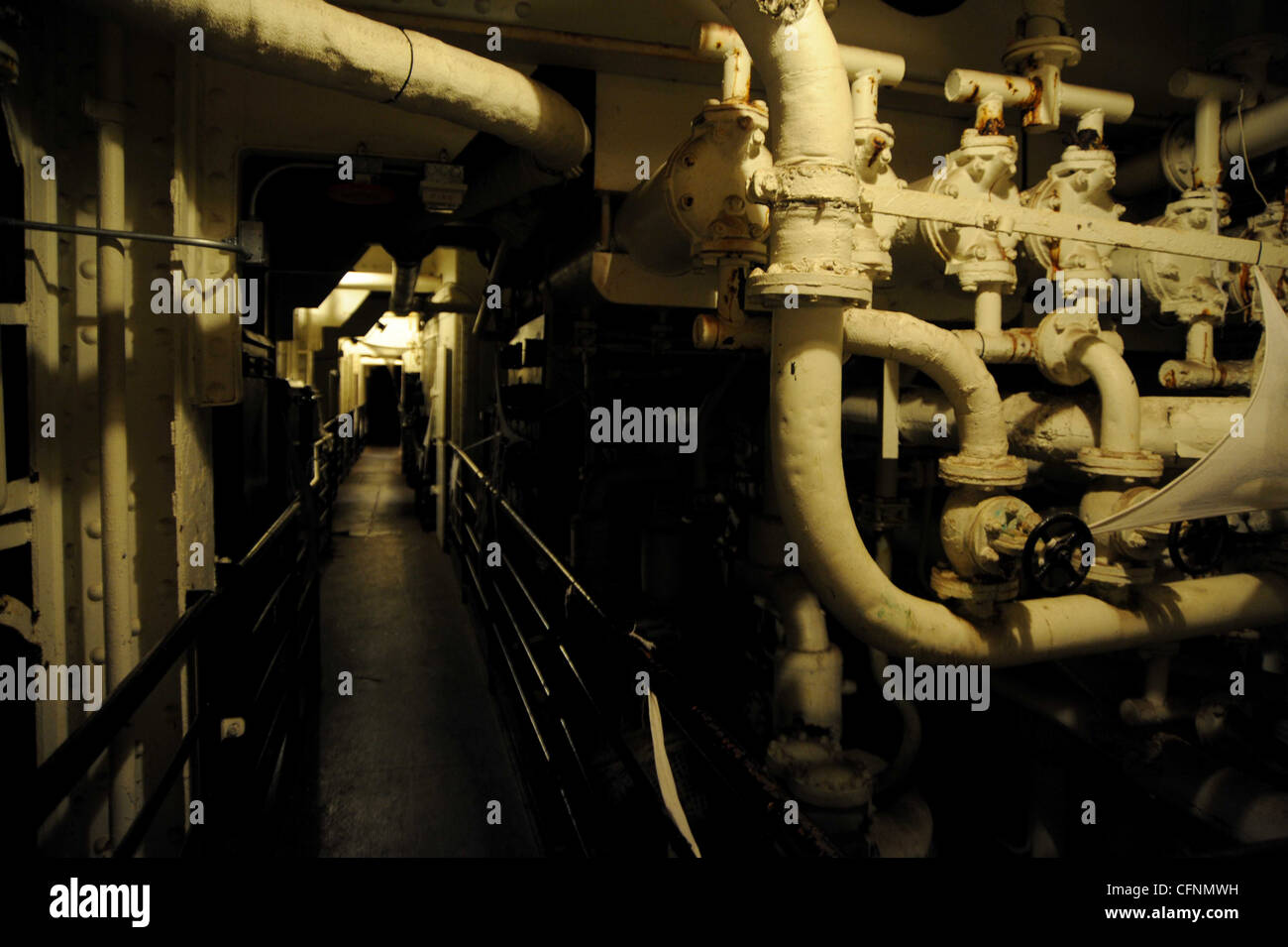 Shaft alley, engine room gangway in the 1936 Queen Mary ocean liner ...
