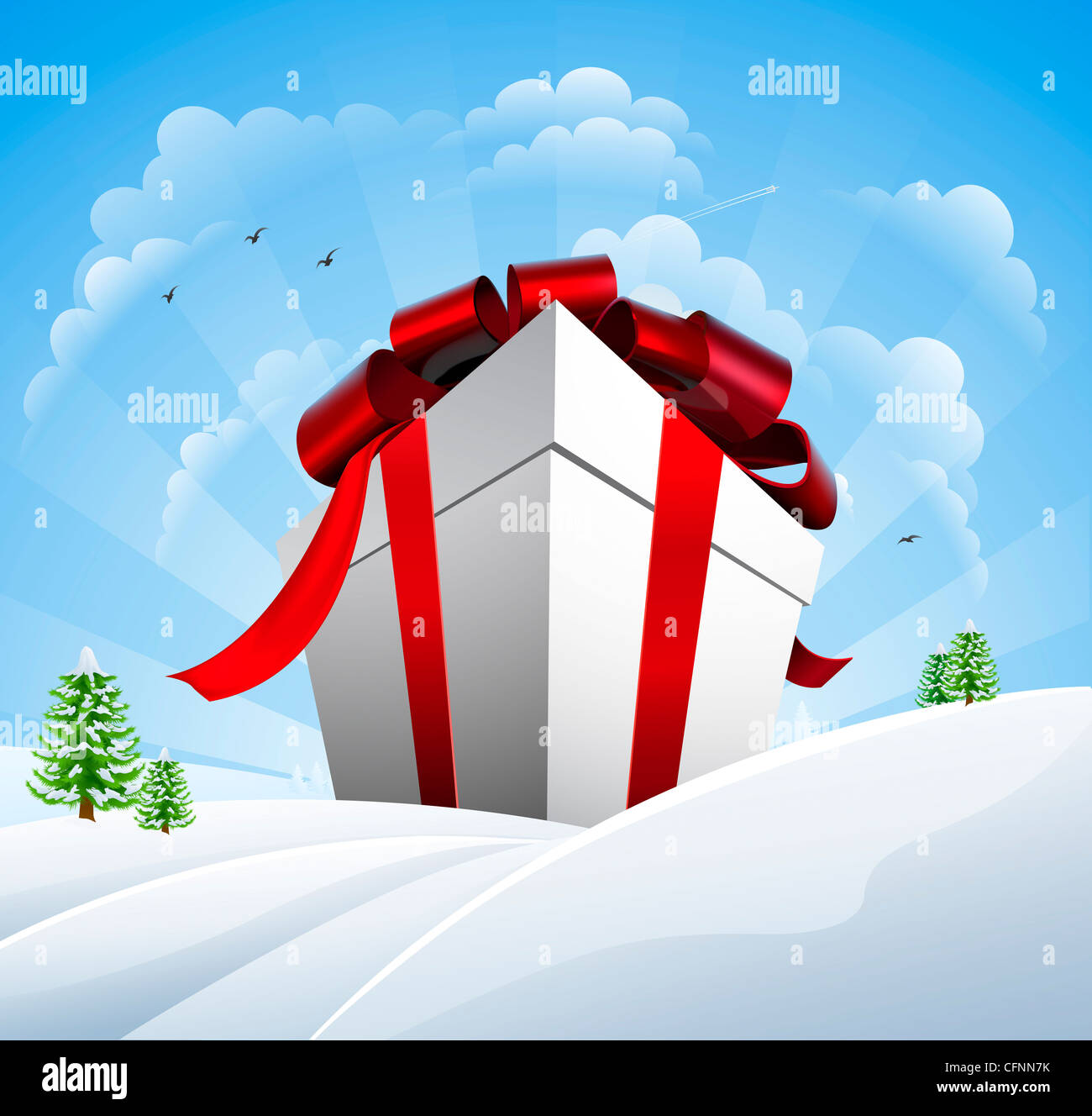 A giant Christmas present in the snow. Concept for a huge Christmas ...