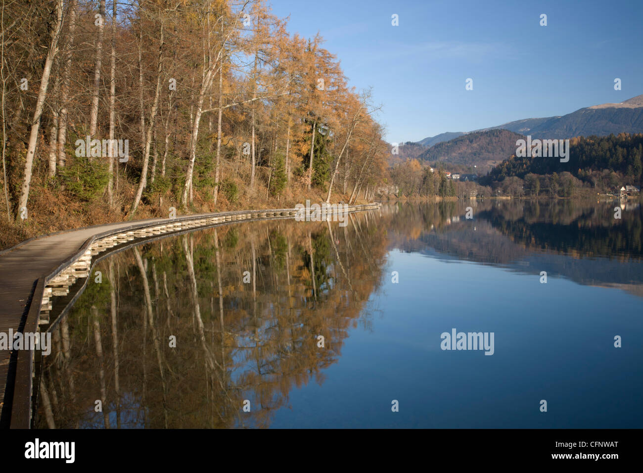 Wooden walkway at Lake Bled in the morning, Slovenia Stock Photo - Alamy