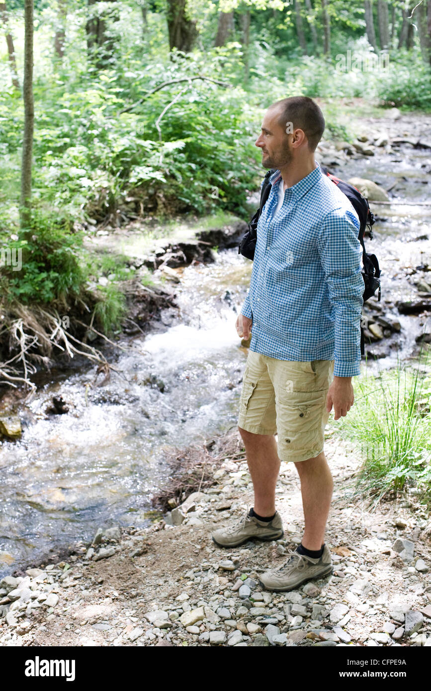 Man hiking along stream in woods Stock Photo - Alamy
