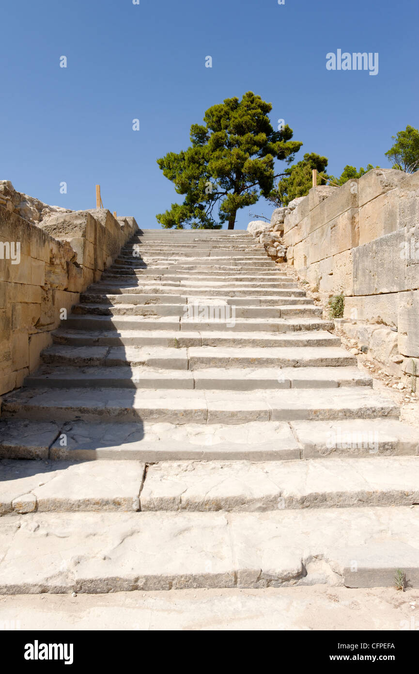 Phaistos. Crete. Greece. View of long staircase that leads down from ...