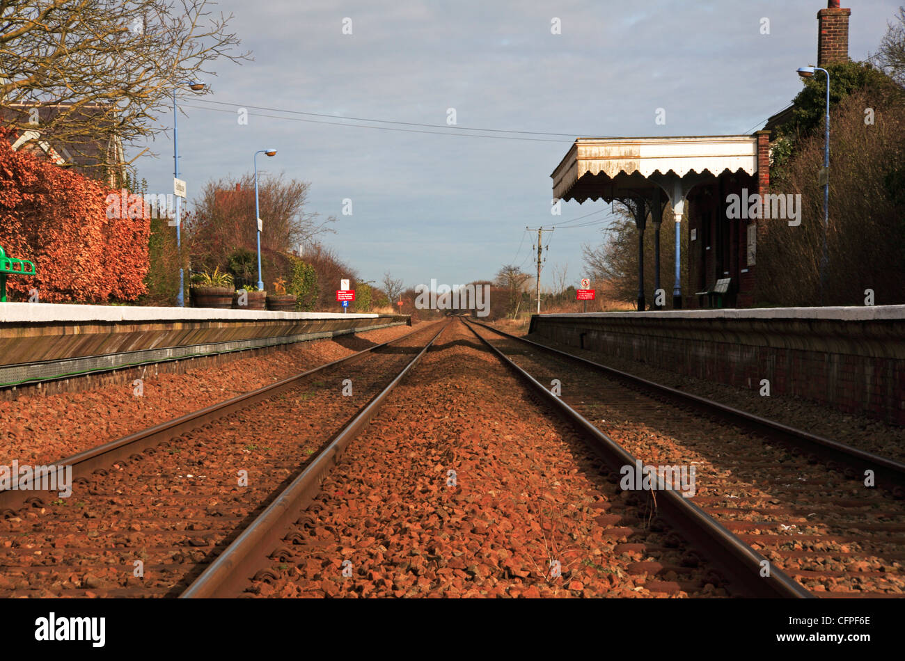 A view along the railway tracks on the Bittern Line at Salhouse Station ...