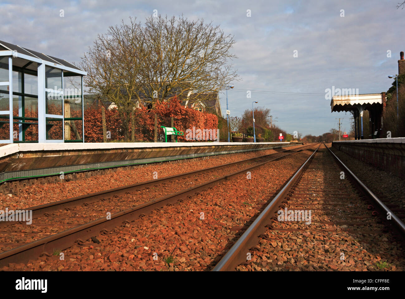 A view along the railway tracks on the Bittern Line at Salhouse Station ...