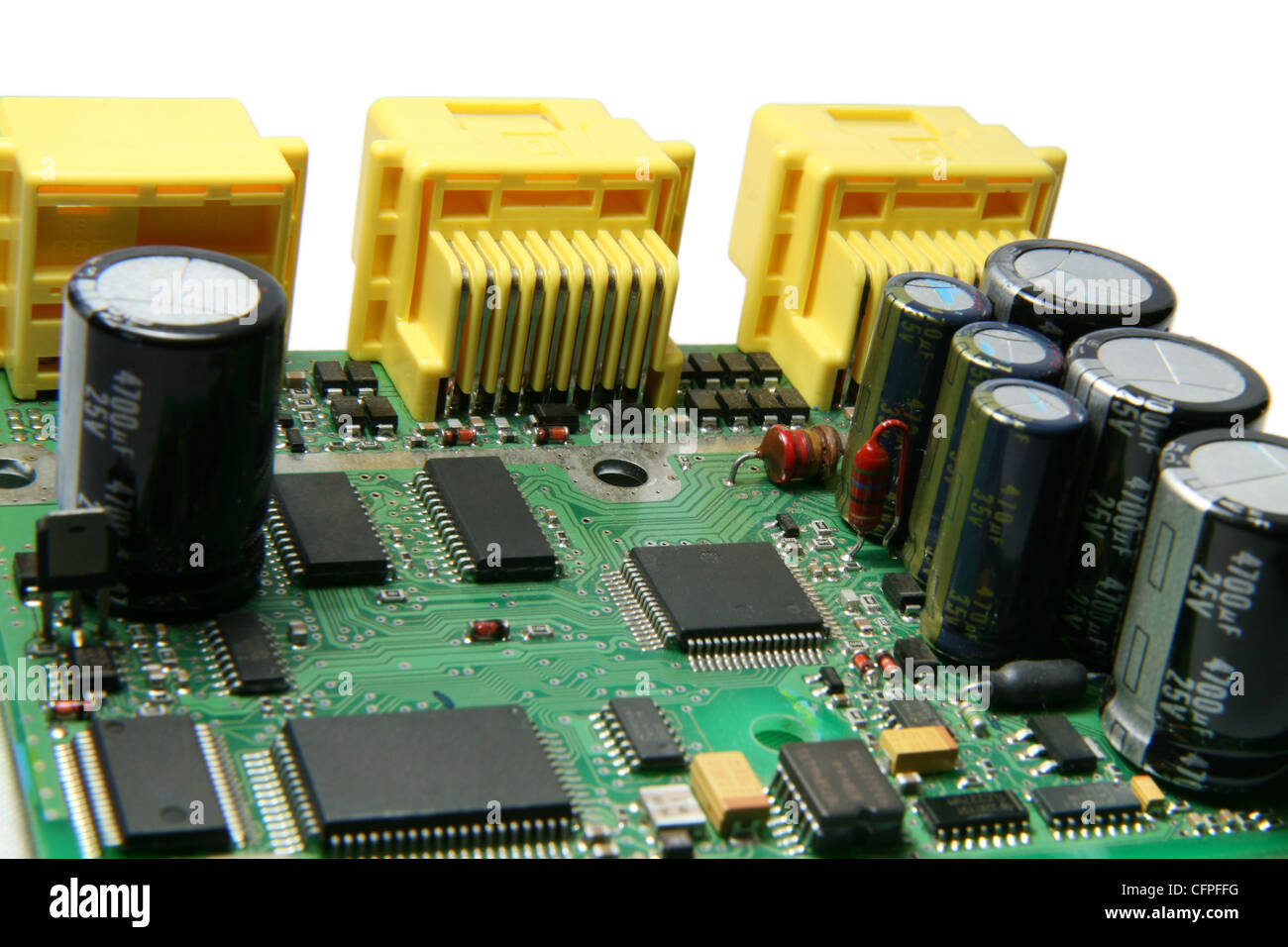 A printed circuit board with various electronic components mounted on ...