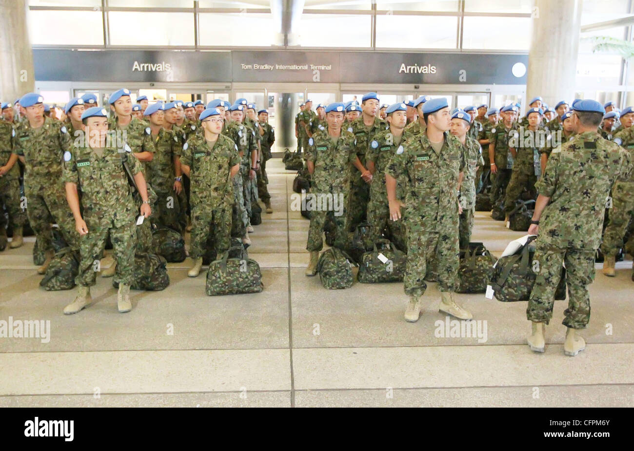 A UN peacekeeping force from Japan arriving at LAX after a 6 month ...
