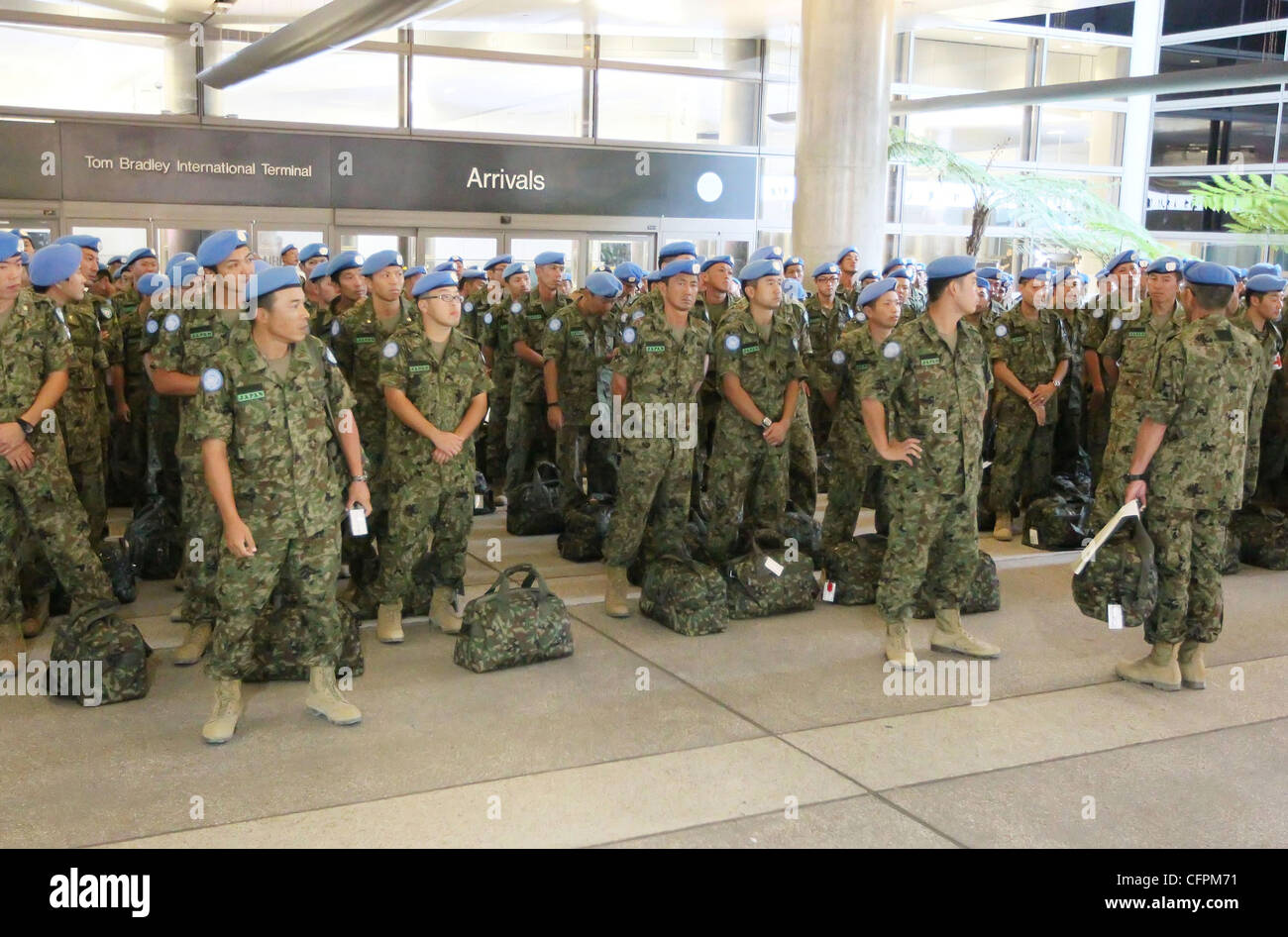 A UN peacekeeping force from Japan arriving at LAX after a 6 month ...