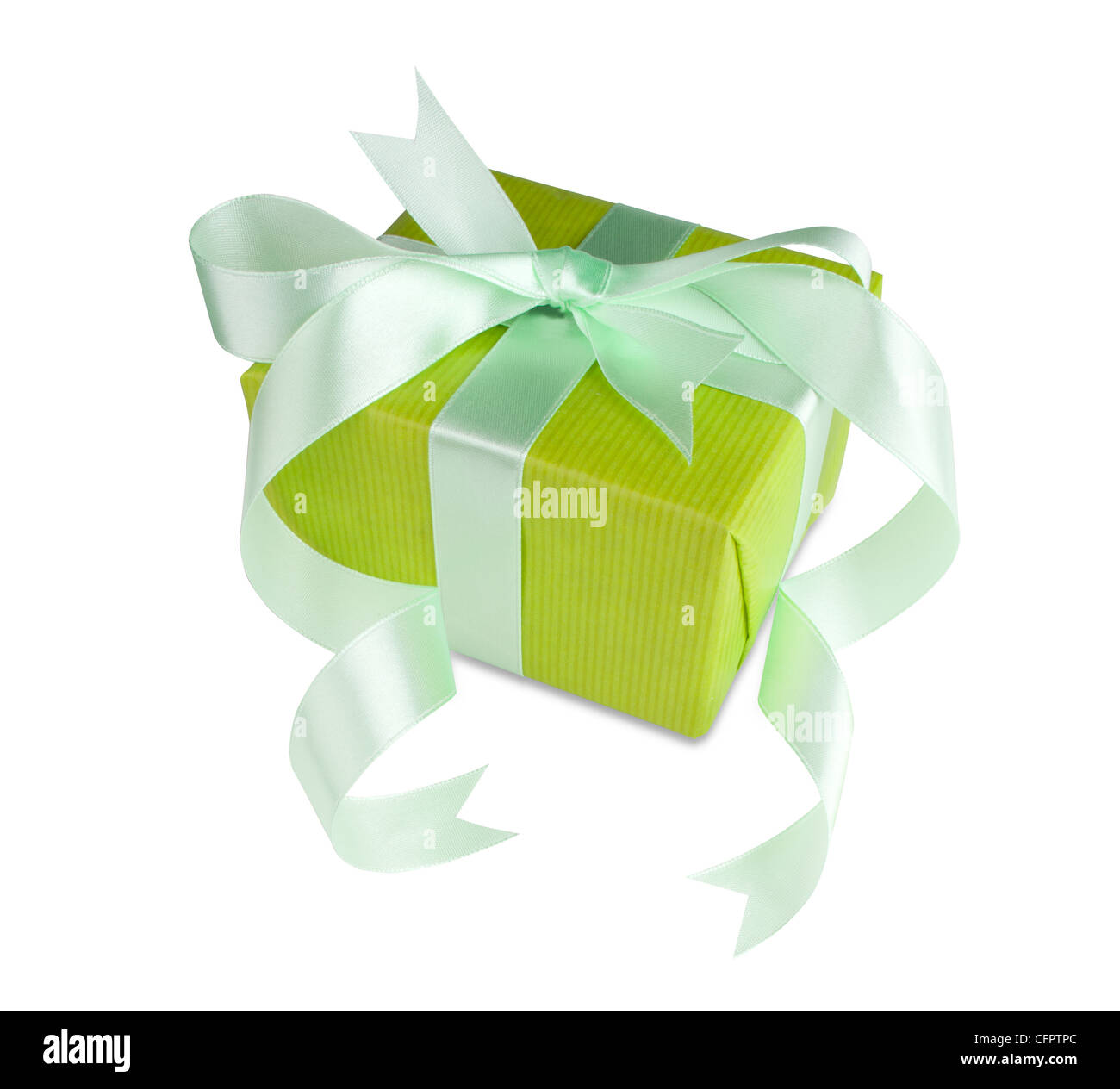 Green gift box with a bow on white background Stock Photo - Alamy