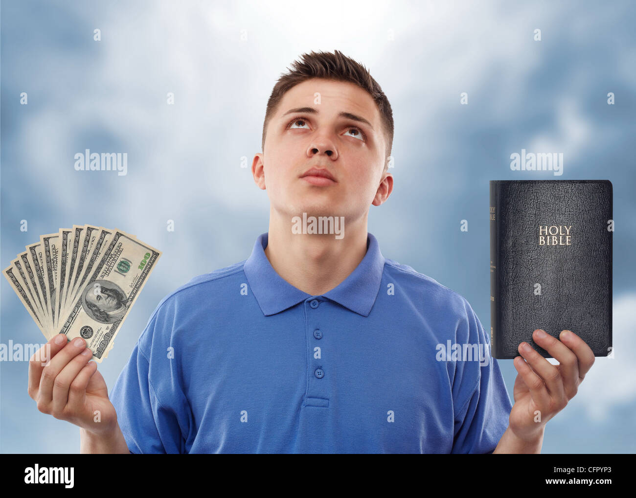 Young man asking for help to choose between God and money. "No man is ...
