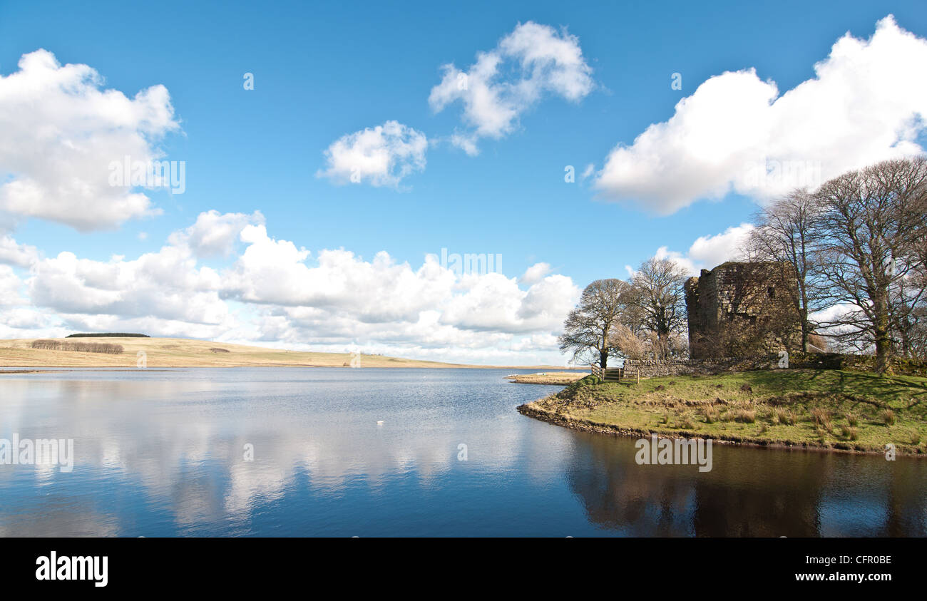 Cairns Castle standing on Harperrig reservoir in Scotland Stock Photo ...