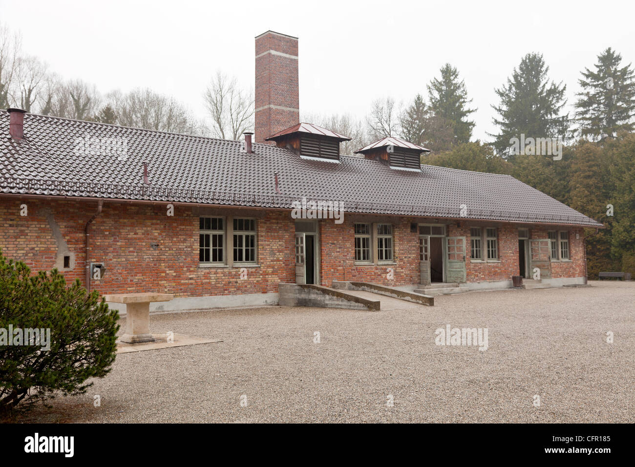 The gas chamber and crematorium building at Dachau Concentration Camp ...