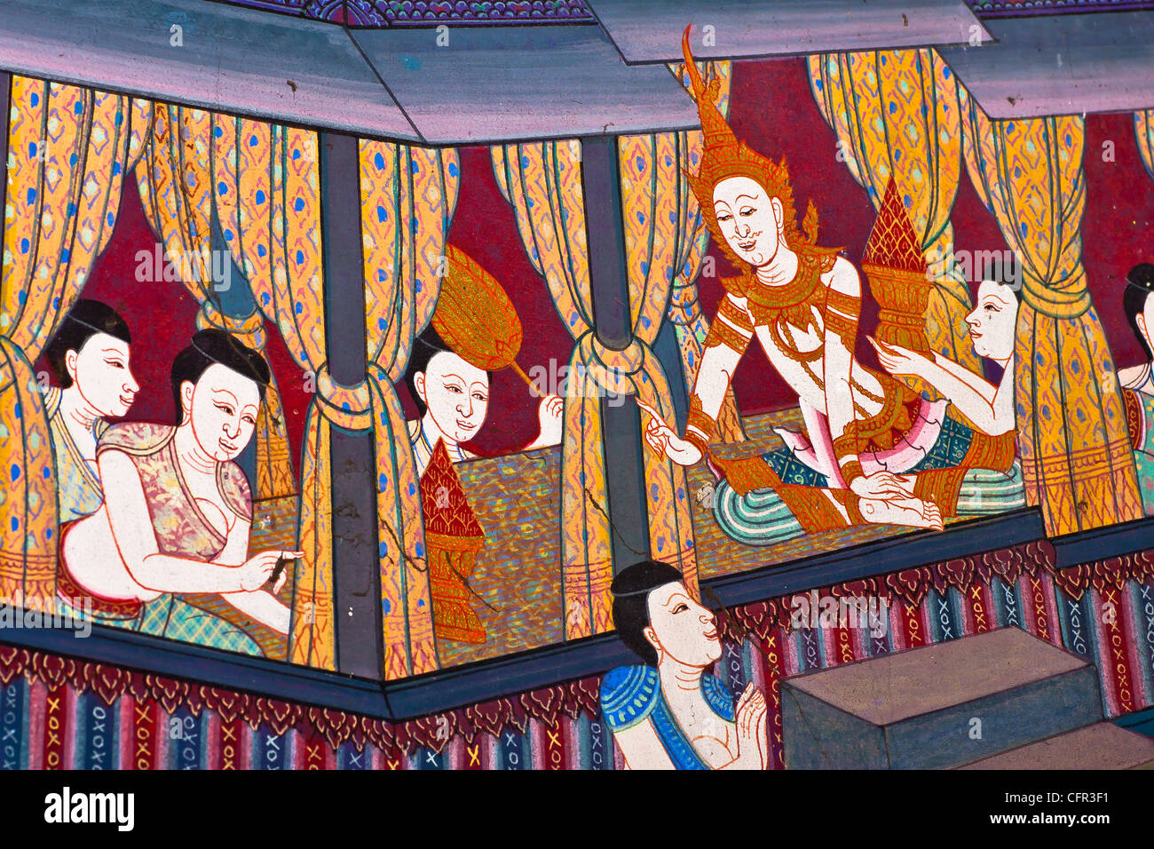 Vintage traditional Thai style art painting on temple Stock Photo - Alamy