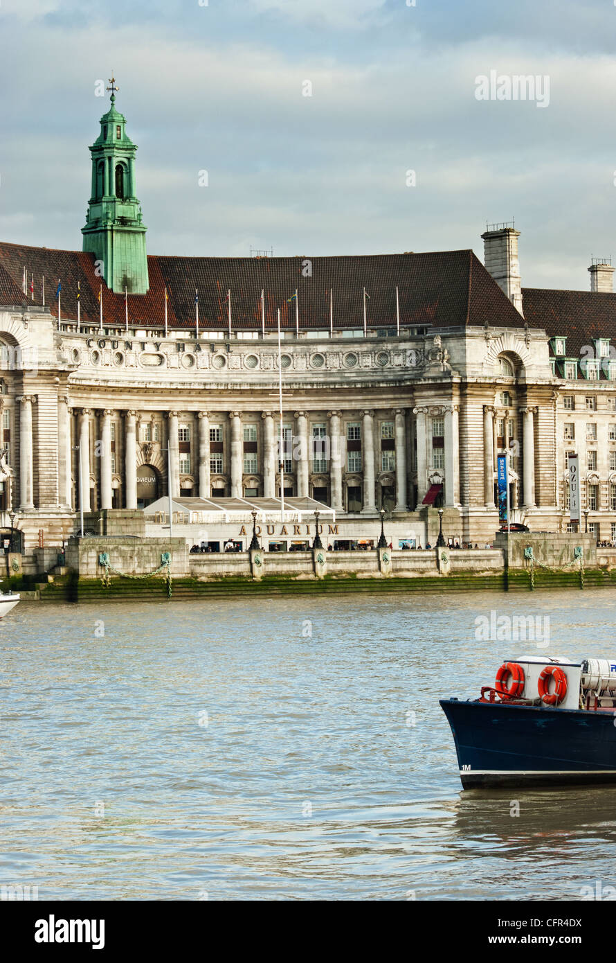 View of County hall from the North Bank of the Thames. London acqarium ...