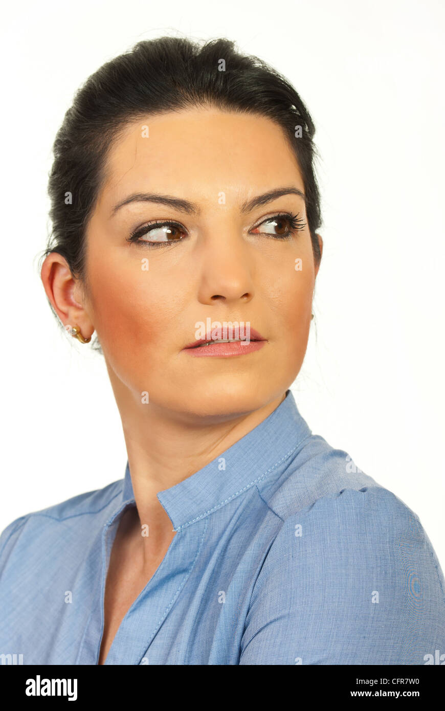 Close up of woman face looking to a side isolated on white background ...