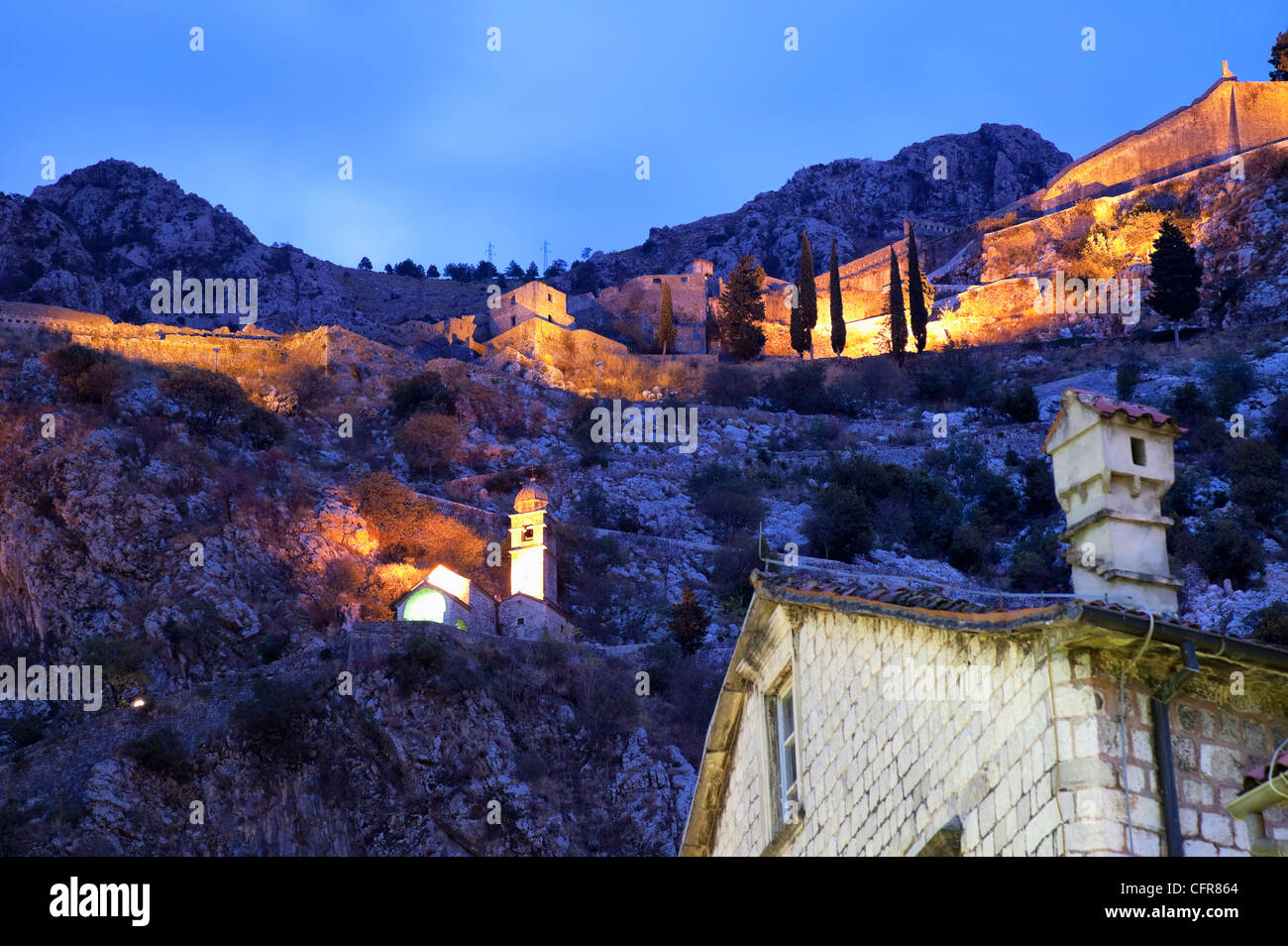 The ramparts of Kotor Castle illuminated at night, Kotor, UNESCO World ...