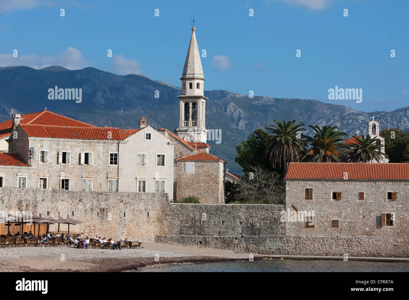Budva fortified old town on the Adriatic coast with the tower of St ...