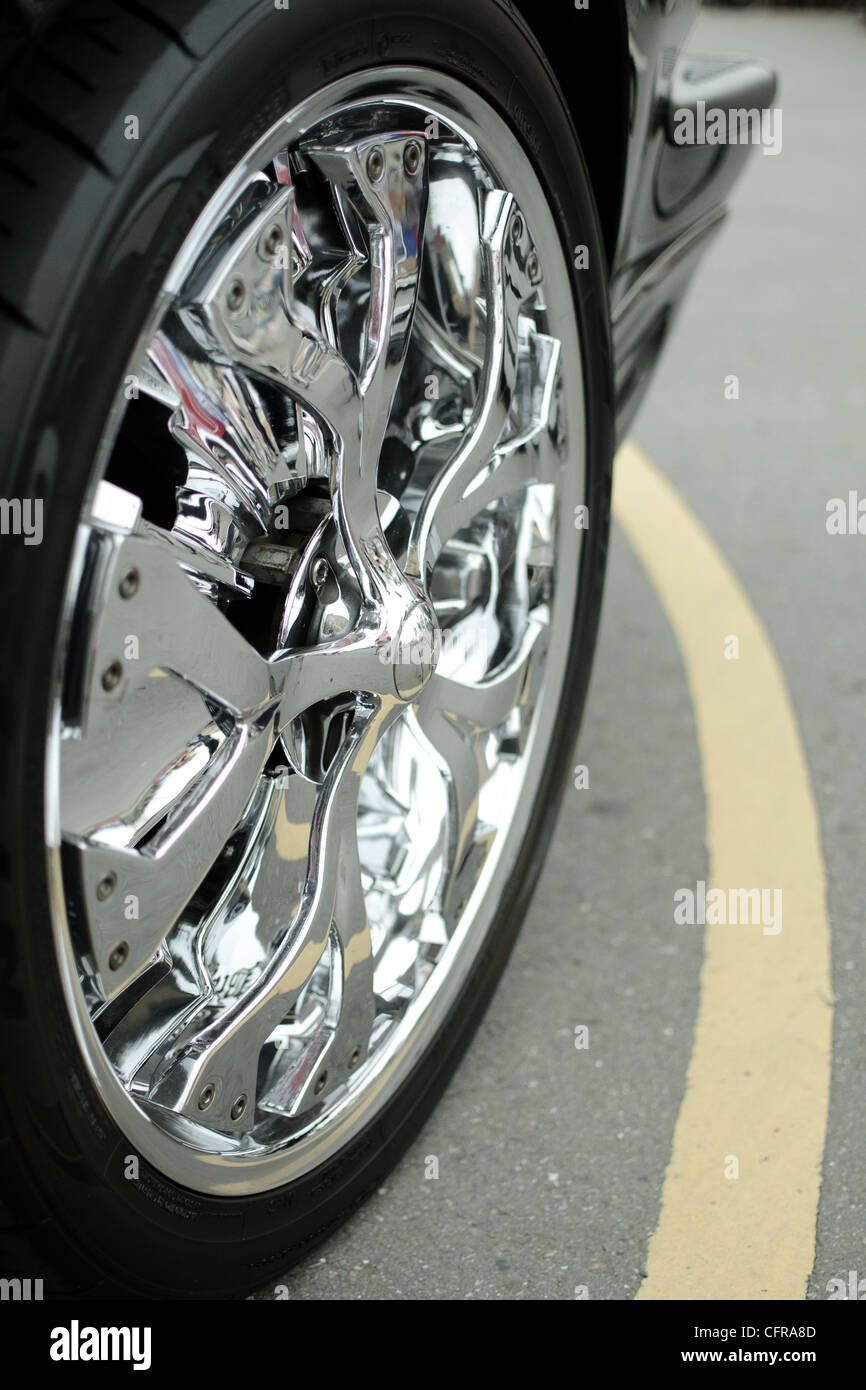 Closeup of a wheel with new mags on the road Stock Photo - Alamy