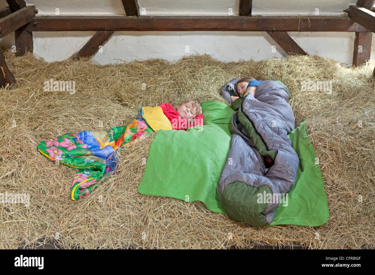 two children sleeping in a haystack Stock Photo - Alamy