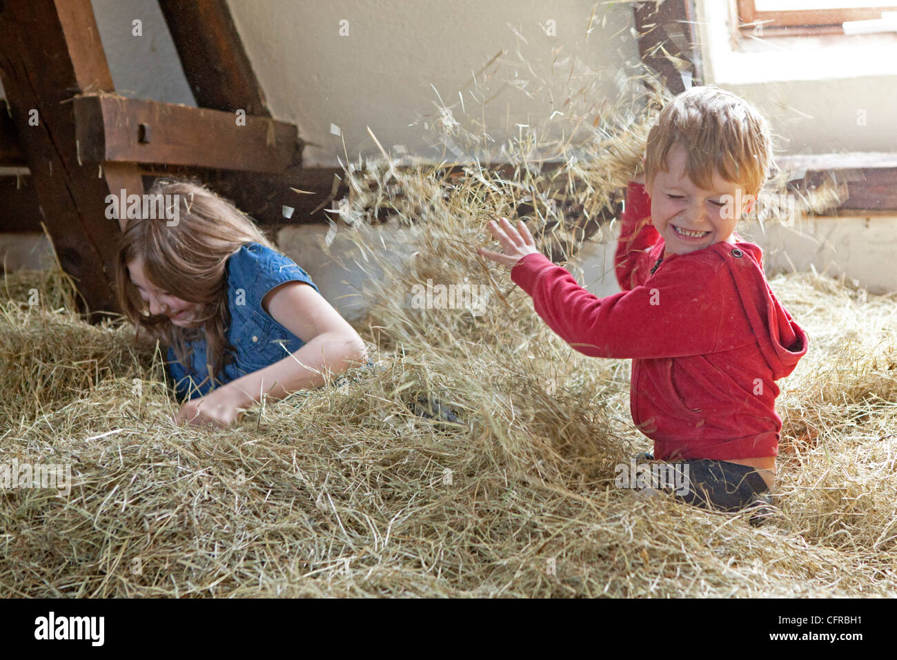 two children playing in a haystack Stock Photo - Alamy
