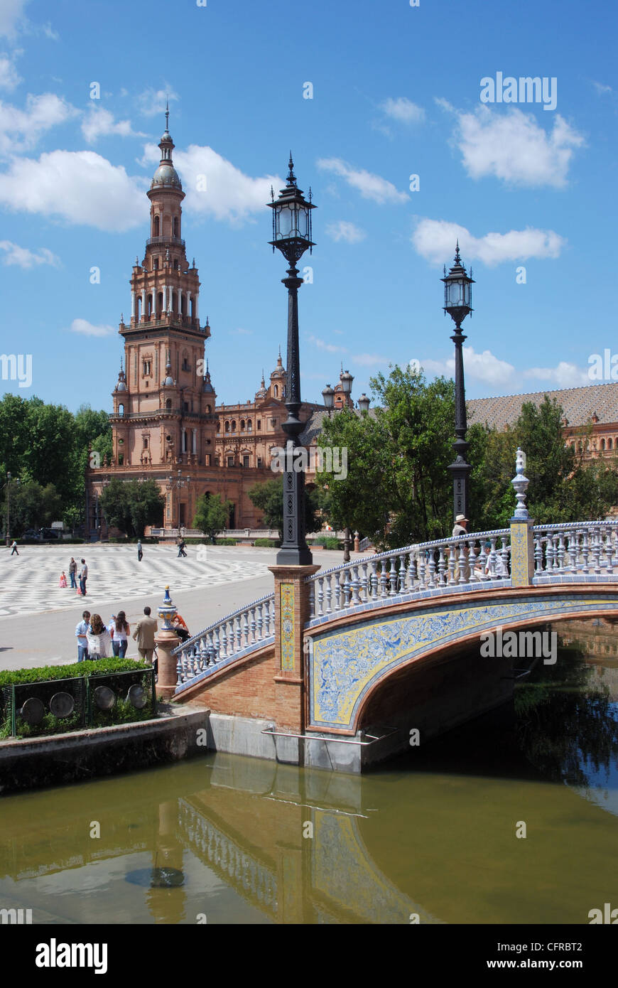 Canal and footbridge in the Plaza de Espana, Seville, Seville Province ...