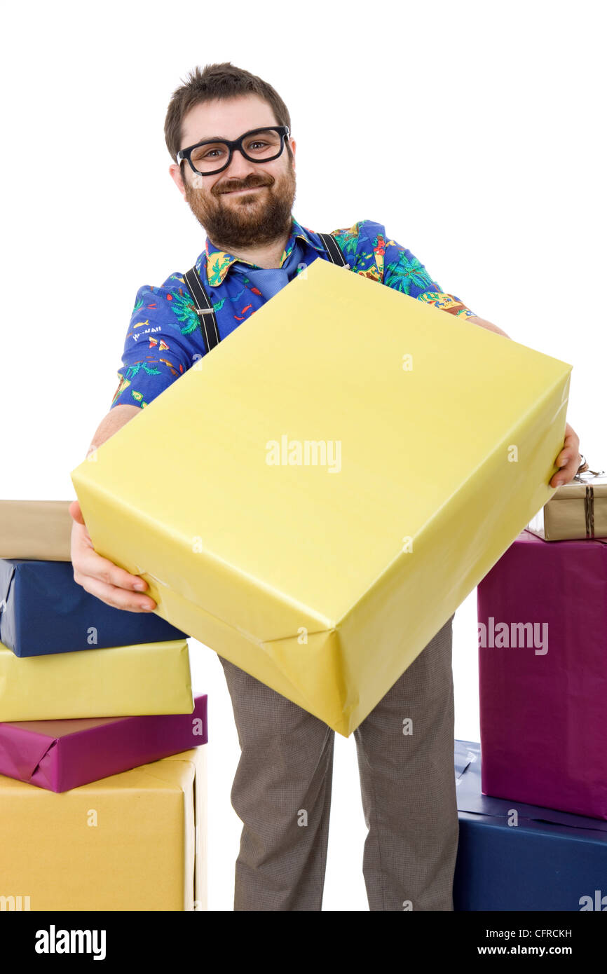happy silly salesman with some boxes, isolated on white Stock Photo - Alamy