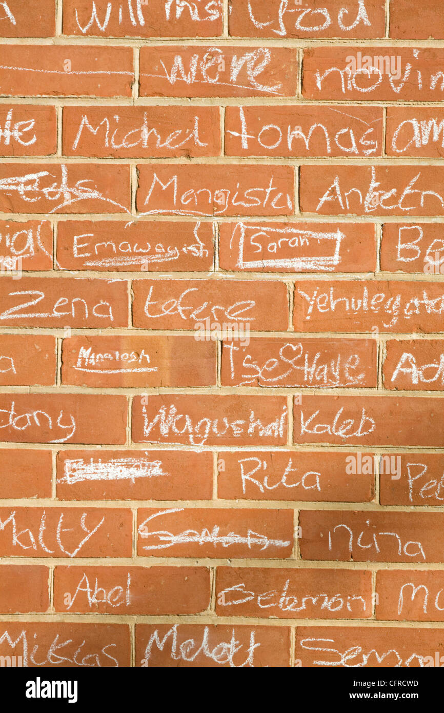Graffiti names on Brick Wall Stock Photo - Alamy