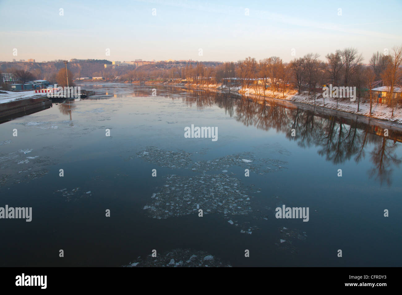 River Vltava at Holesovice harbour and Libensky Most in winter ...