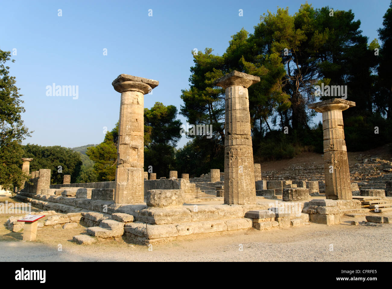 Olympia. Peloponnese. Greece. View of the re-erected columns of the ...