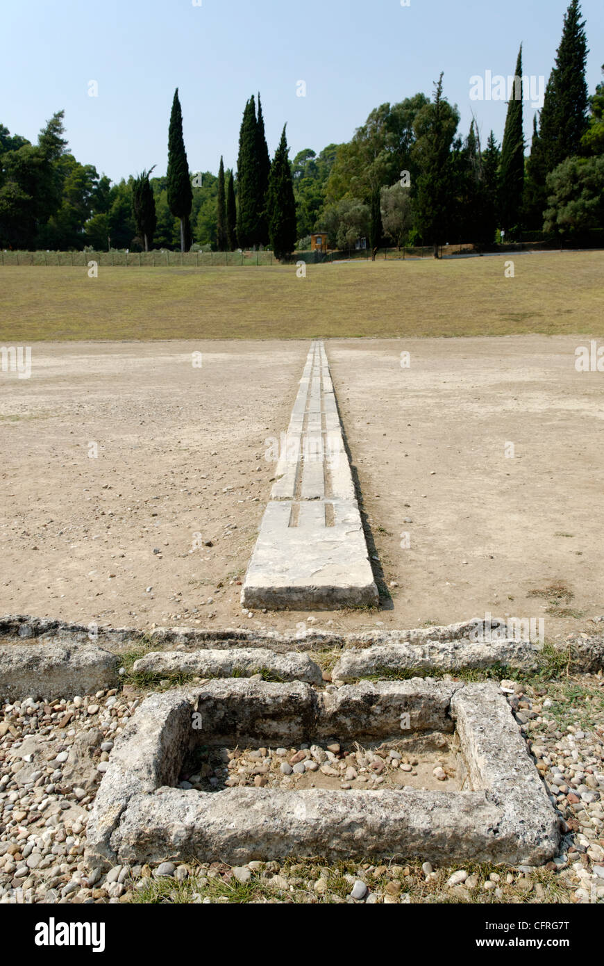 Olympia. Peloponnese. Greece. View of the starting line, on the east ...