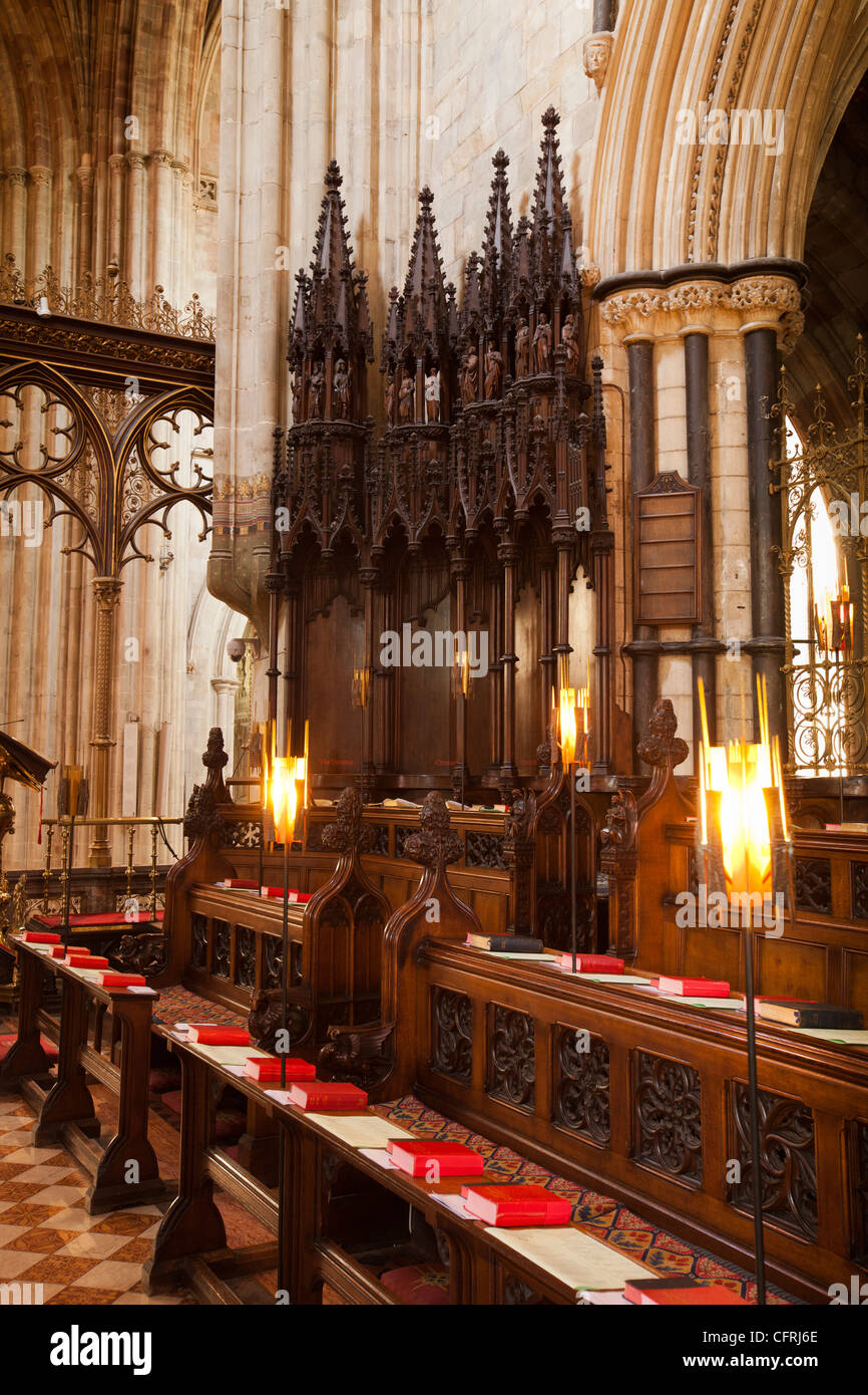 UK, England, Worcestershire, Worcester Cathedral Quire, carved choir ...