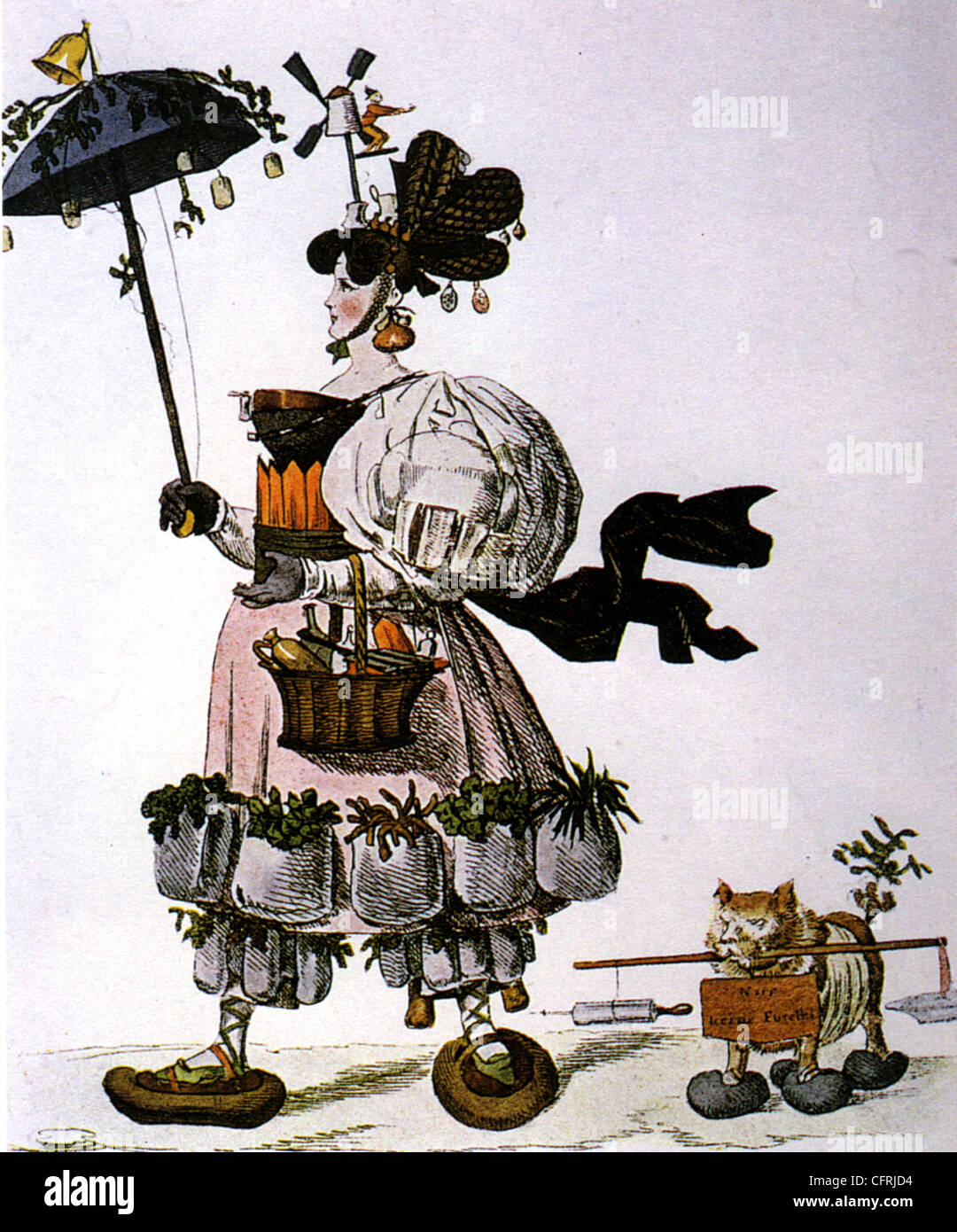 VIENNESE FASHION CARTOON early 19th century making fun of ideas to ward ...