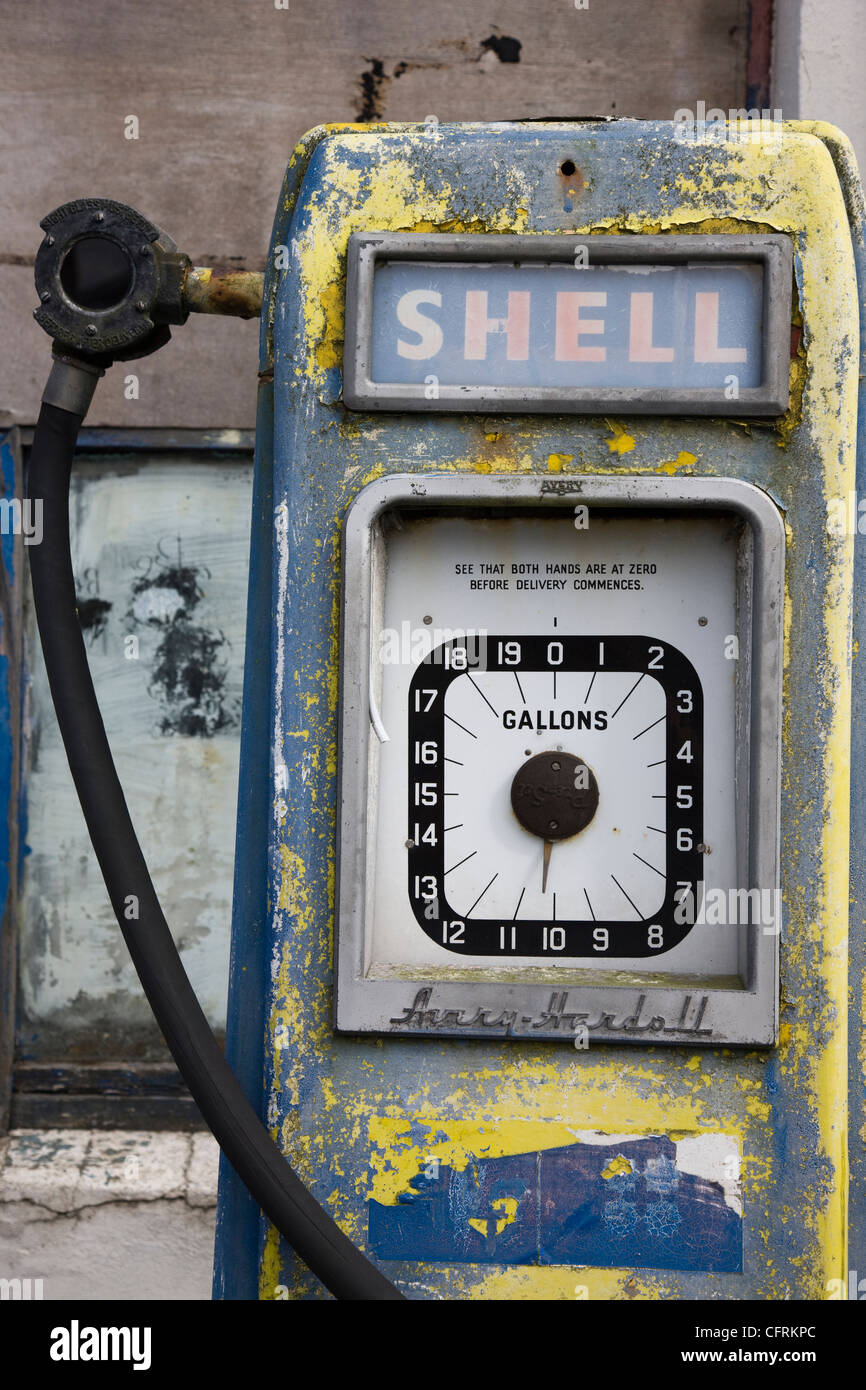 Shell petrol pumps in a derelict petrol station garage in Nefyn, North ...