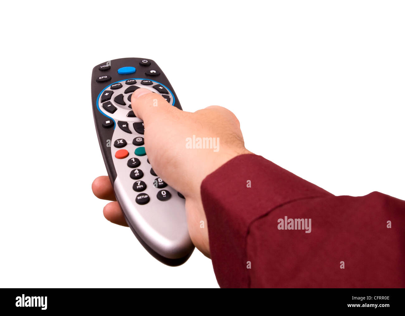 Remote controller in a hand on white background Stock Photo - Alamy